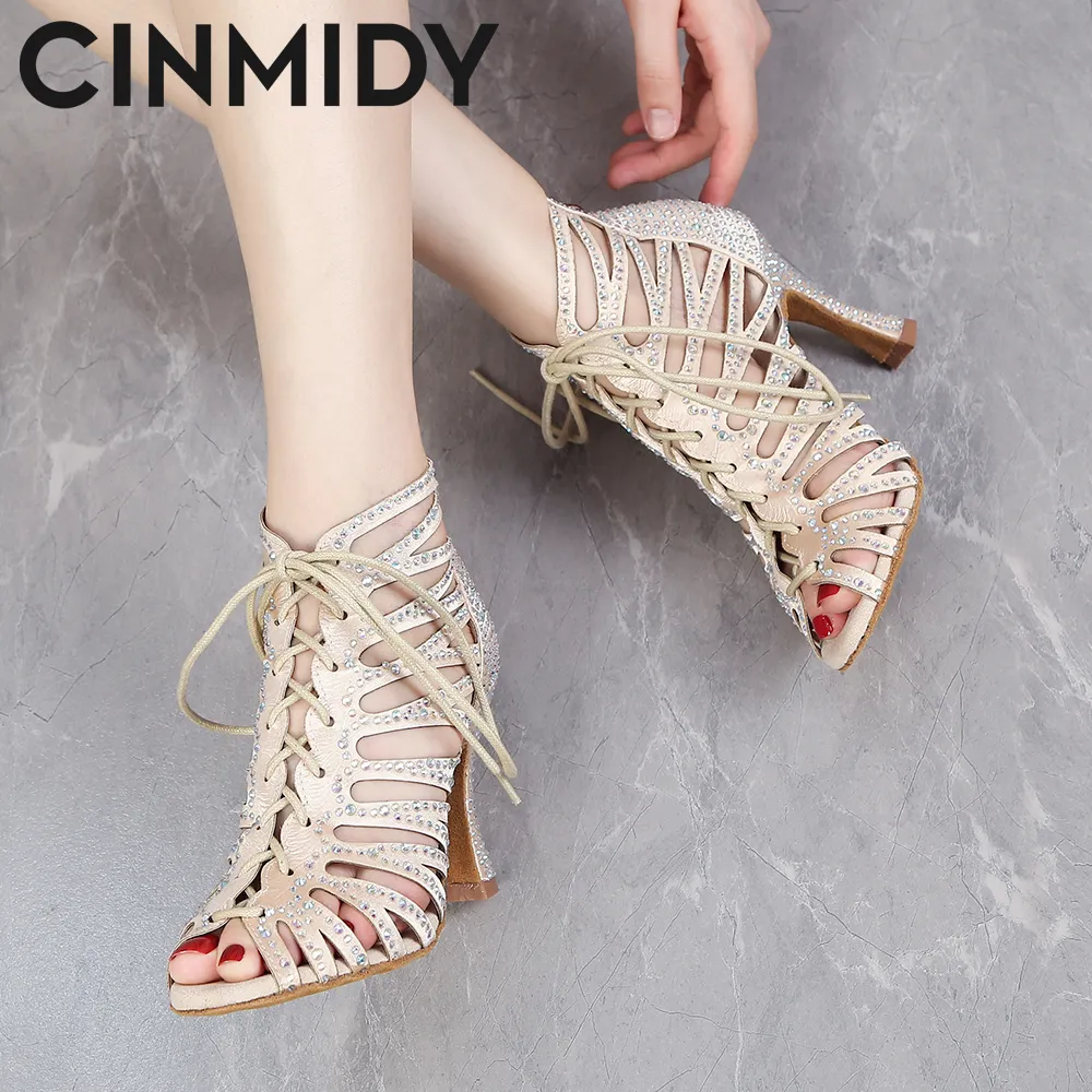 CINMIDY Women's Hollow Out Rhinestone Dance Boots for Latin/Ballroom ...