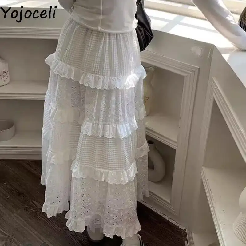 Yousez Ruffled Womens White Lace Embroidered Tiered Midi Skirt Casual ...