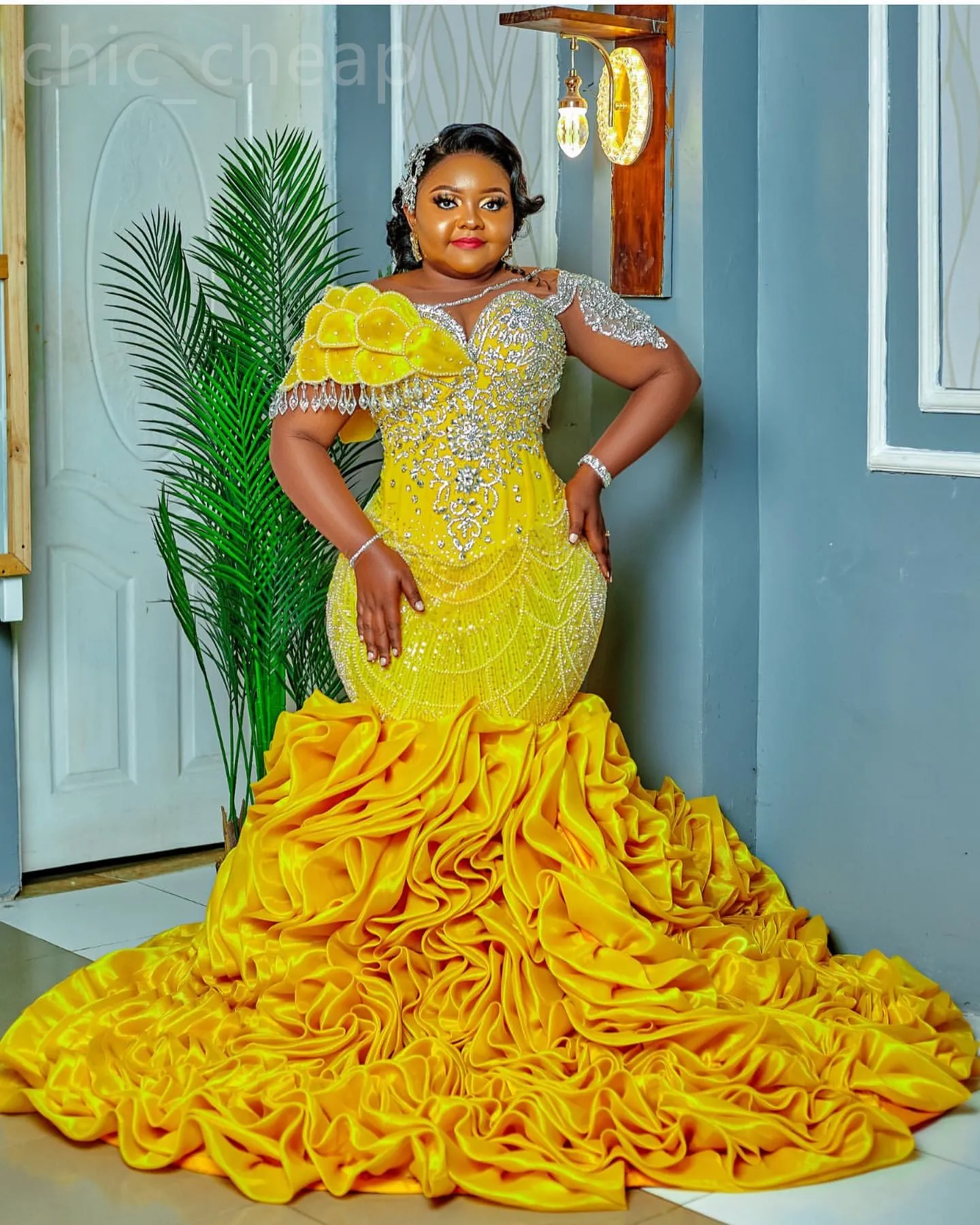2024 Aso Ebi Yellow Mermaid Prom Dress Headed Headious Evening Evening ...