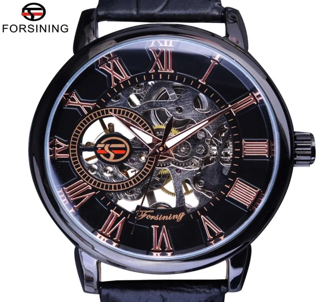 Qualité Forsining Black Pelthing Red Roman Display Hollow Graving Watches Men Top Brand Luxury ...