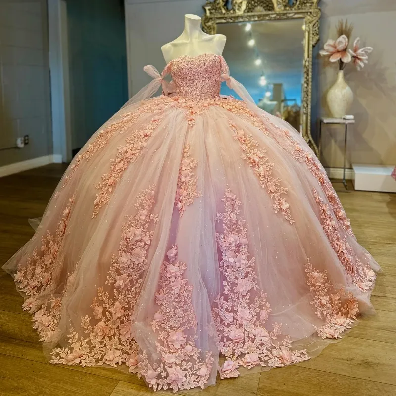 Off Shoulder Pink Princess Ball Gown With Beaded Appliques And Lace Detailing Perfect For