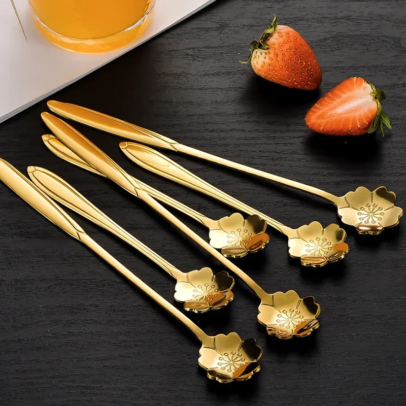 DHgate.com:4Pcs Golden Teaspoons Set: Small Flower Stainless Steel ...