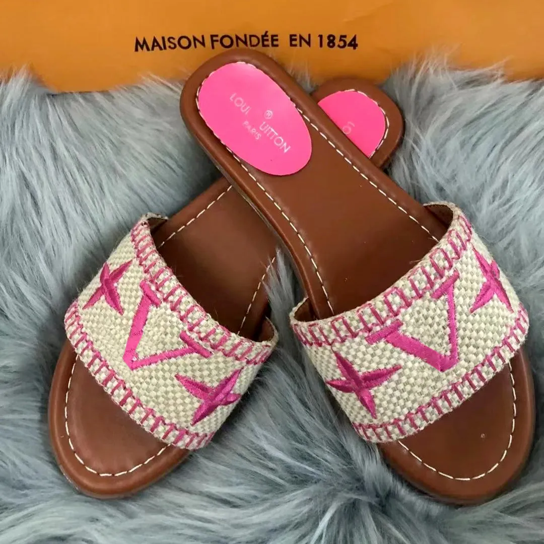 Woven Fabric Flat Heel Slippers with Embroidery Casual Slide Loafer ...
