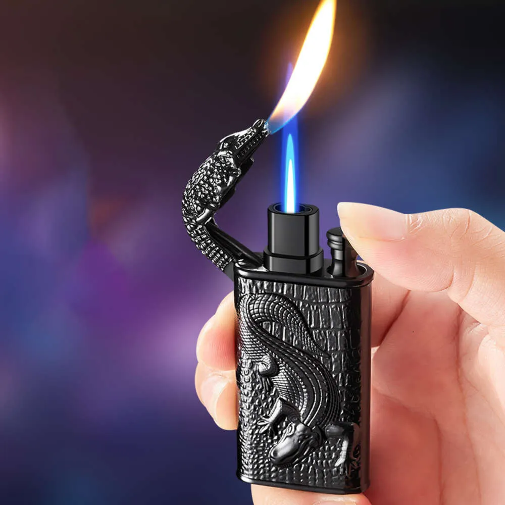 Tiger/Crocodile/Dragon/Wolf/Dolphin Lighter Emed Double Fire Butane Gas ...