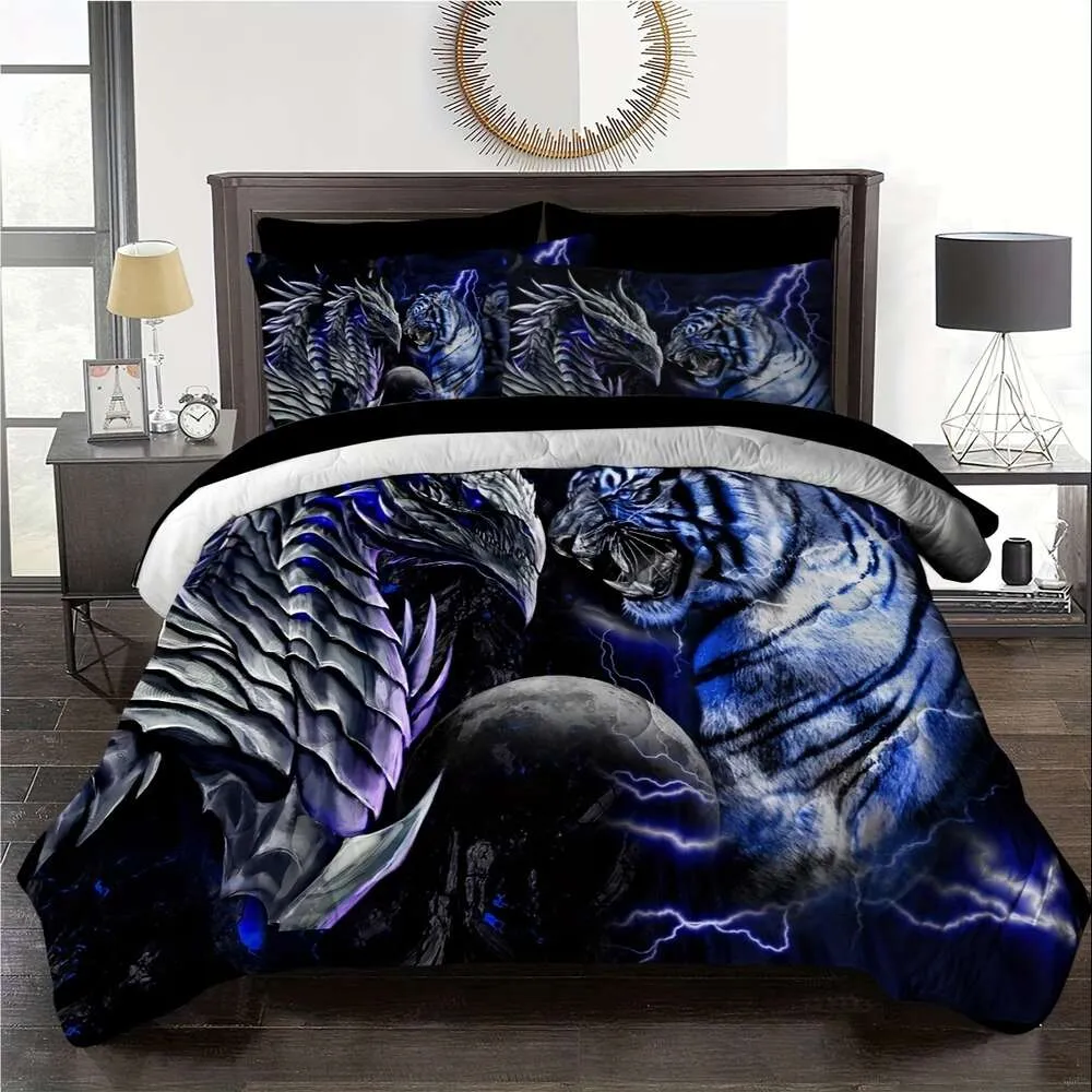 Majestic Blue Storm 8-Piece Tiger Bedding Set: Dragon Lighing Comforter ...