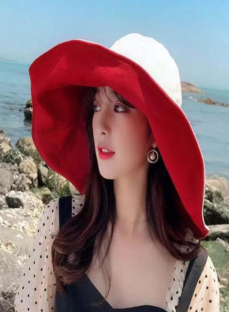 2021 Twosided Floppy Red Brim Hat Womens With Wide Brim For Women UV ...