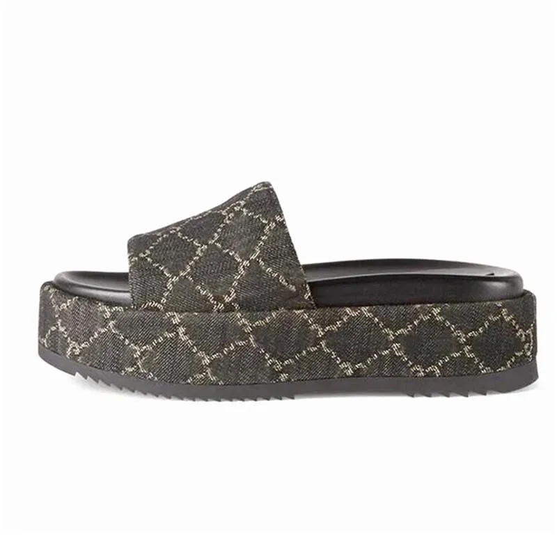 Embroidered Linen Platform Sliders Designer Canvas Flat Platform Mules ...