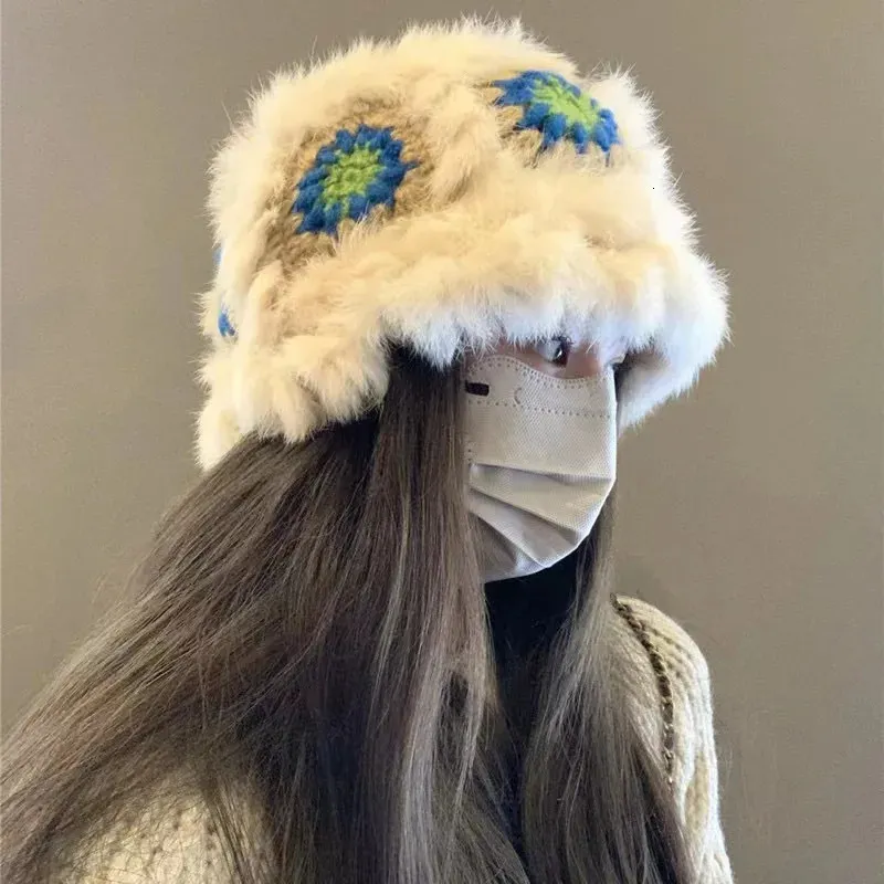 Y2K Womens Fluffy Faux Fur Mohair Bucket Hat Rabbit Fur, Thick Plush ...