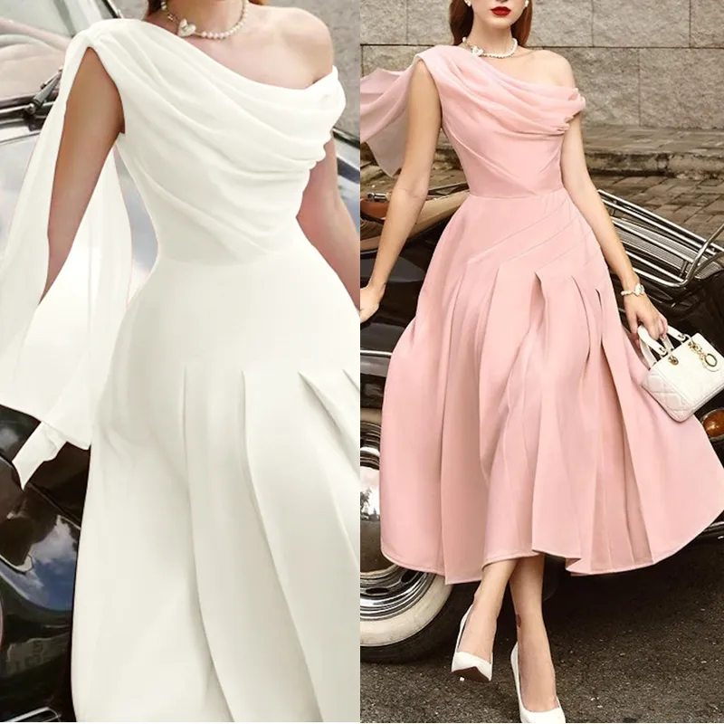 Modern A Line Prom Dresses One Shoulder Sleeveless Tea Length Ruffle ...