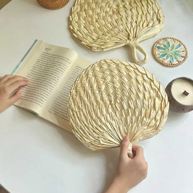 Hand-woven Palm Leaf Hand Fan with Bamboo Ribs Handmade Straw Cooling ...