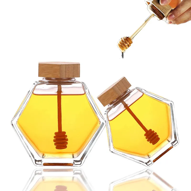 Brand 380ml Glass Honey Storage Jars With Wooden Dipper Stick Small ...