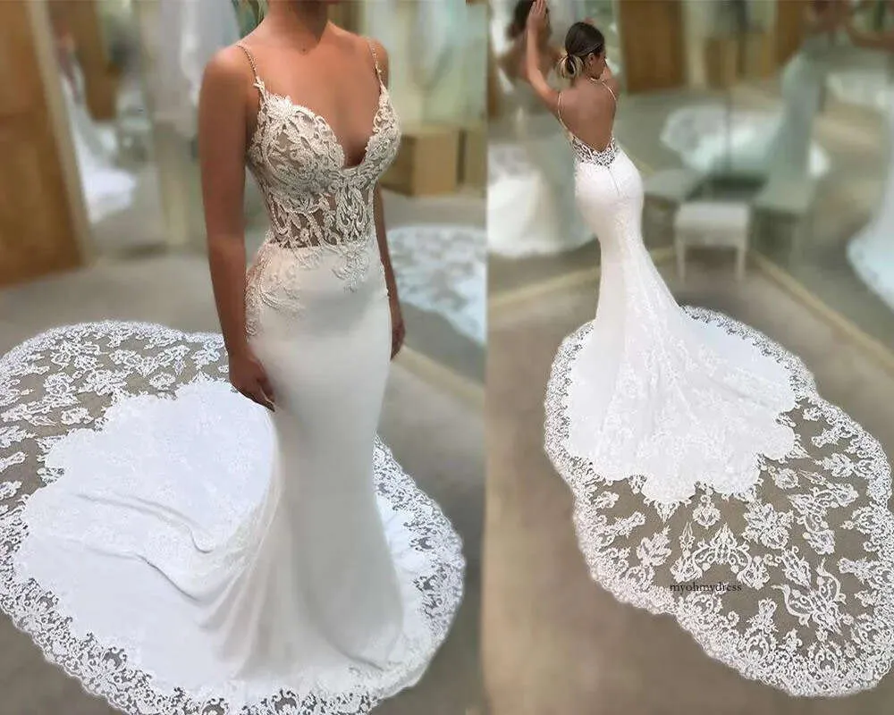 Spaghetti Strap Lace Mermaid Wedding Dress with Backless Chapel Train ...