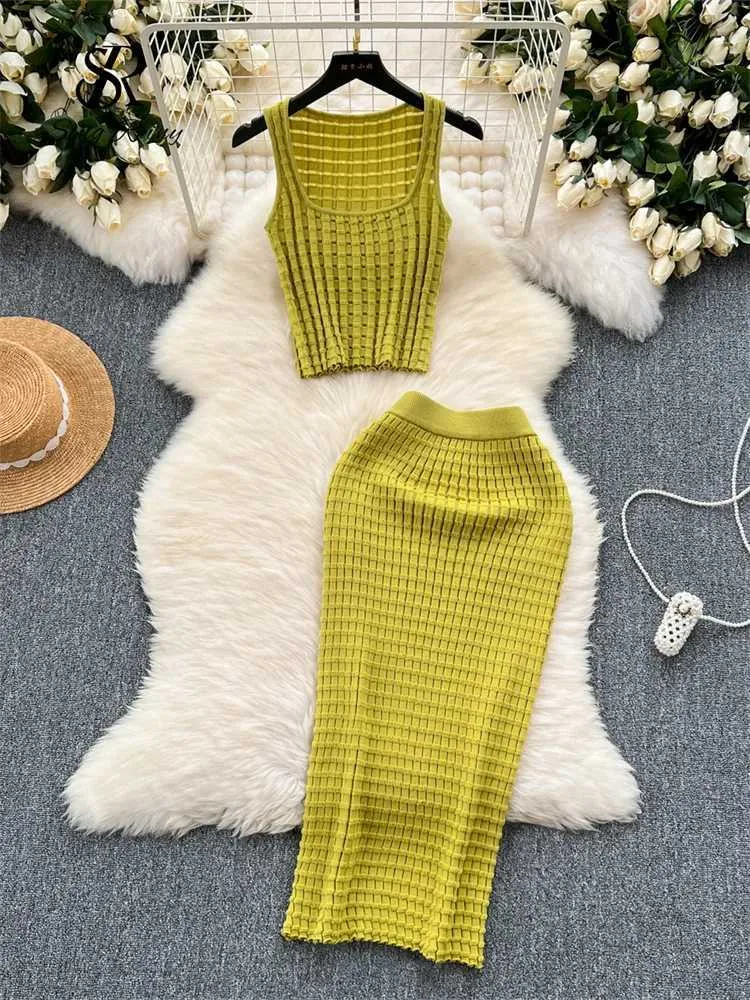 Two Piece Dress Singreiny 2024 Retro Knitted Two Pieces Sets Slveless