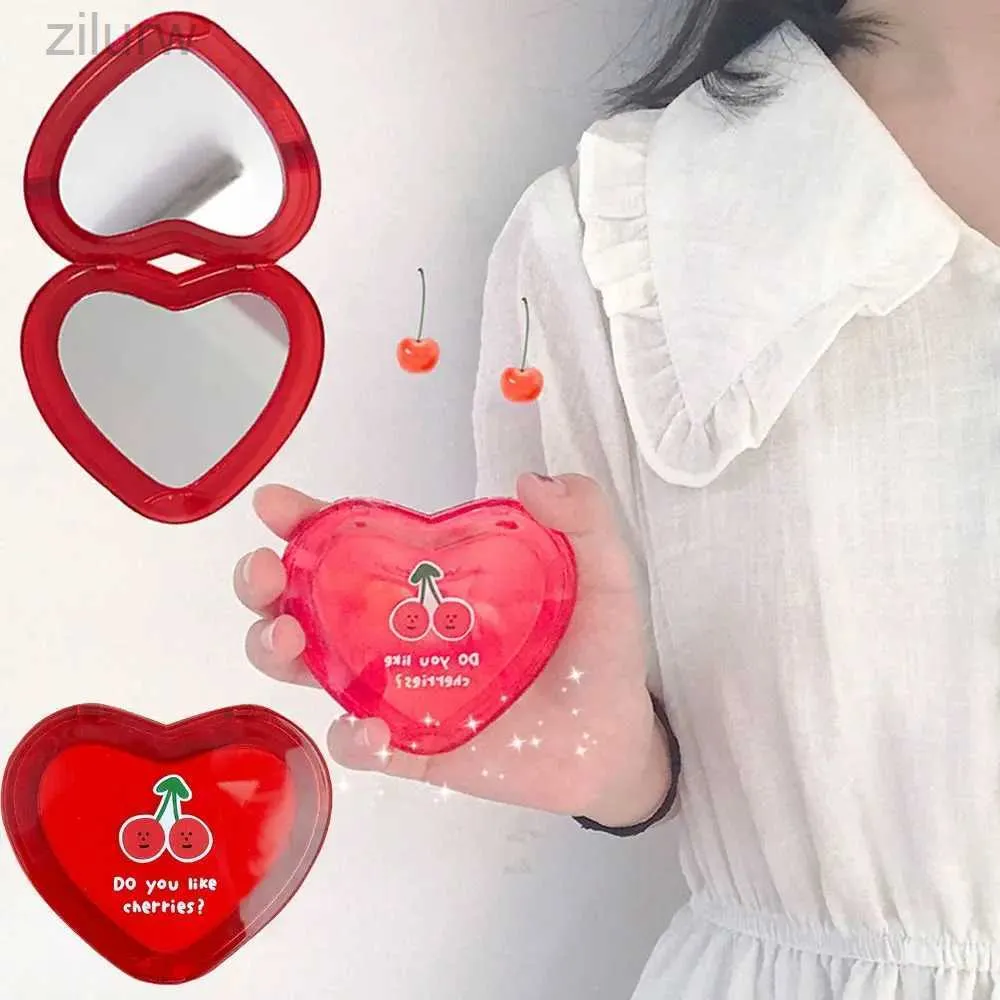 Cute Heart Shaped Cherry Pattern Mini Double Sided Makeup Mirror ...