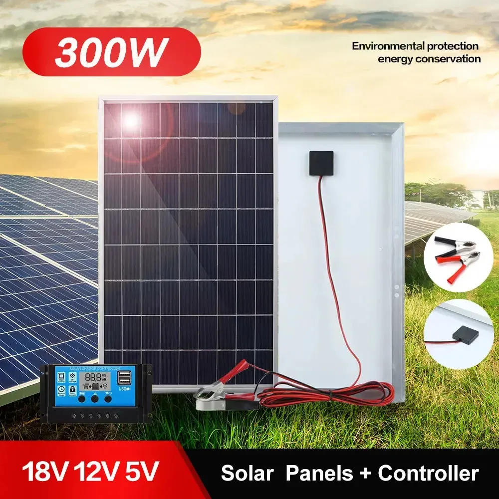 300W Portable Solar Panel Kit 12V Polycrystalline USB Power Outdoor ...