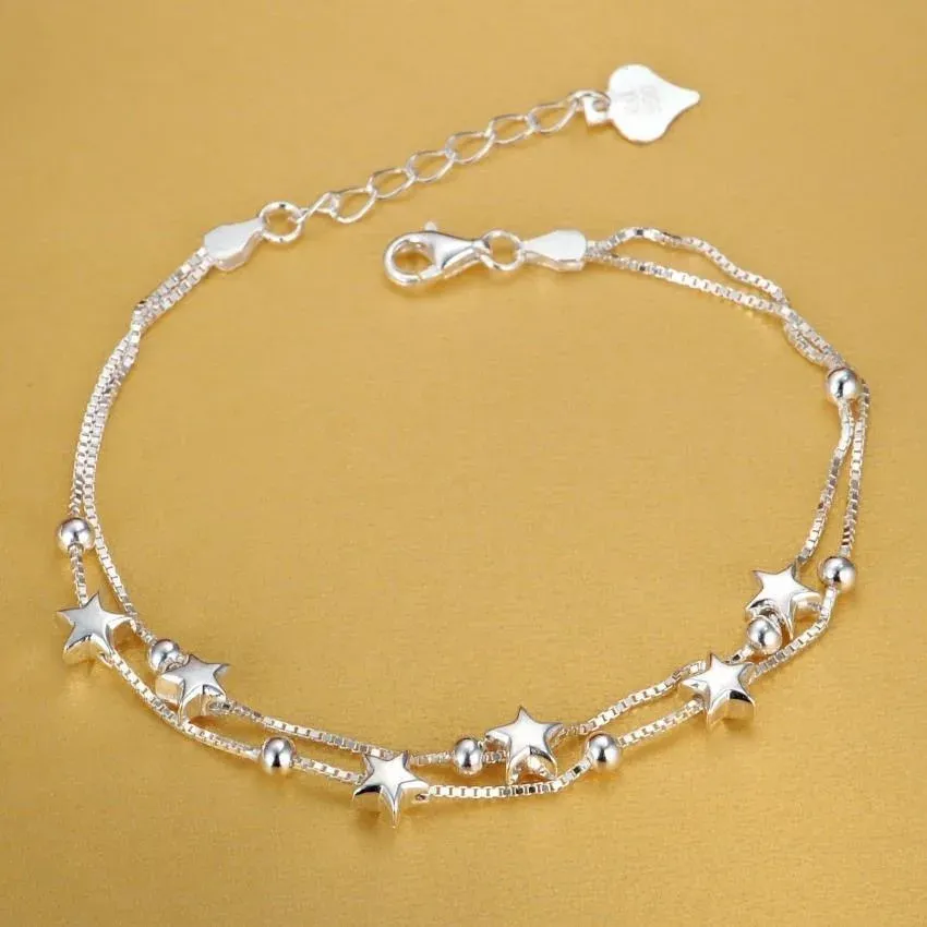 925 Sterling Silver Charm Bracelet Handmade Star Chain Bangle For Women ...