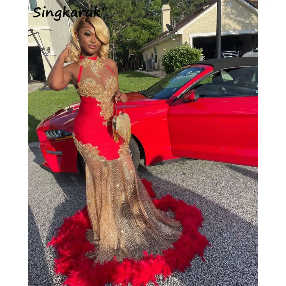 Red Halter Feather Prom Dress With Beads, Crystal Rhies, And Feathers ...