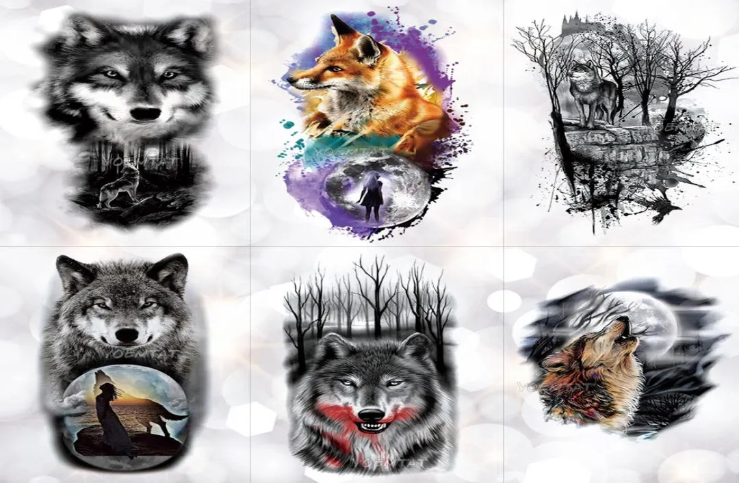 Waterproof Tribal Wolf Tattoo Sticker Set Wolf, Moon, Pine Tree, Fox ...