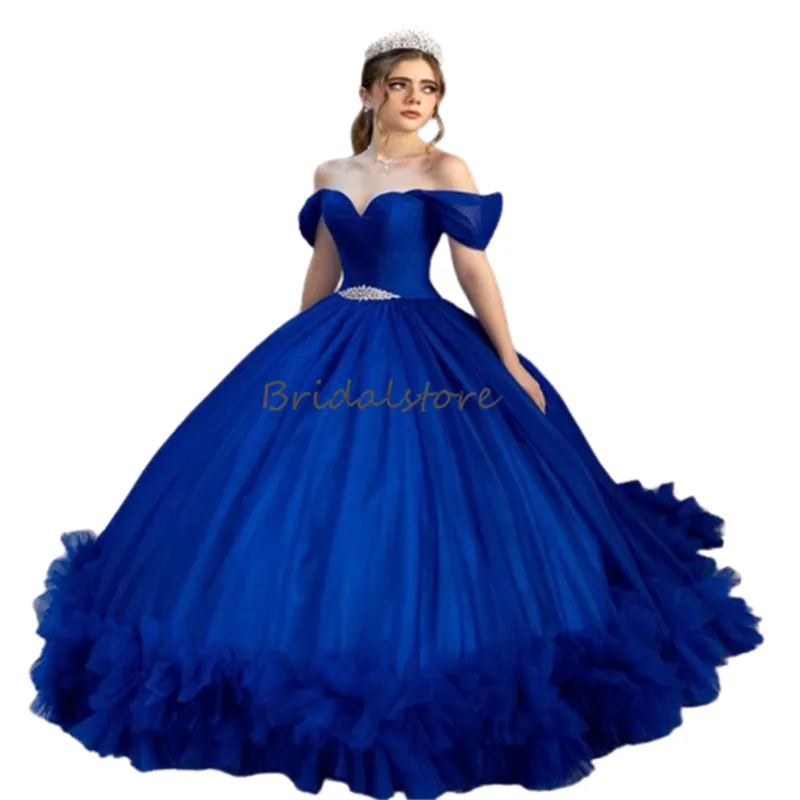 Masquerade Royal Blue Quinceanera Dress Off Shoulder Ruffled Ball Gown ...