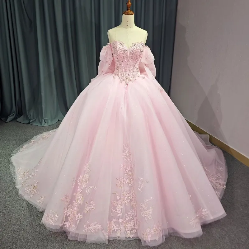 Luxury Pink Princess Ball Gown Quinceanera Dresses Off The Shoulder Appliques Lace Beads Tull