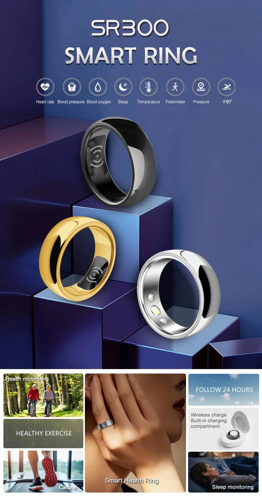 SR300 Men Smart Ring Heart Rate Blood Pressure Oxygen Temperature Sleep ...