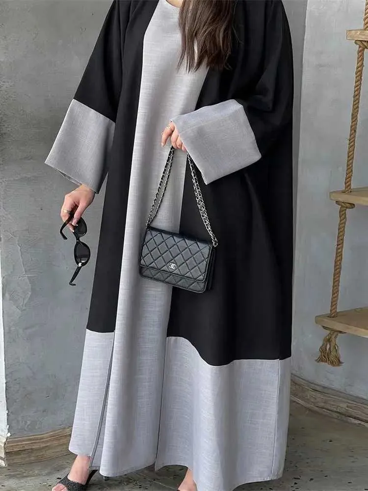 Vêtements Ethniques Ramadan Black Grey Abaya Set Dubai Islam Kimono ...