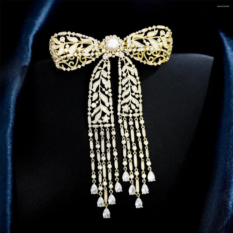 EVACANDIS 18k Golden Plated Bow Tassel Rhinestone Bow Brooch With Real ...