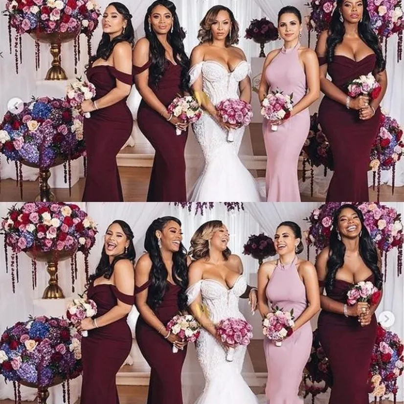 Burgundy Satin Mermaid Mermaid Style Bridesmaid Dress Classic Off