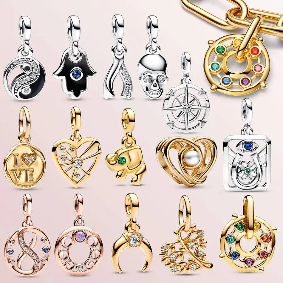 925 Sterling Silver Pandora Charm Bracelet, Hamsa Hands Love Heart Mini ...
