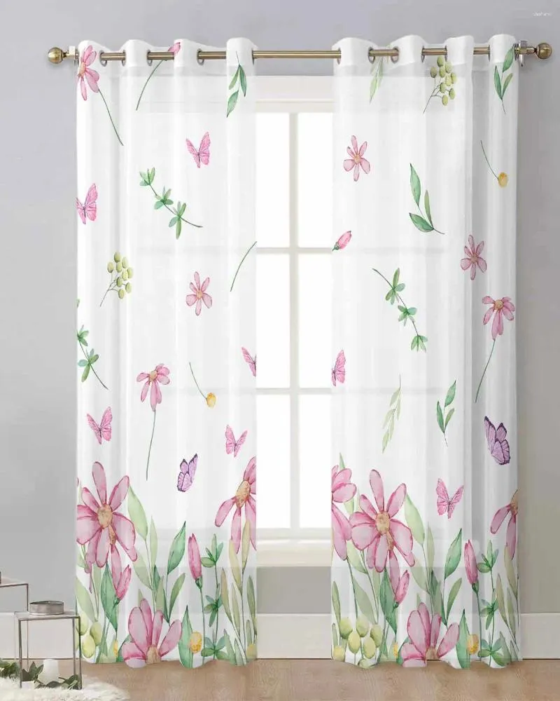 Spring Watercolor Pink Flower Sheer Curtains For Living Room Window ...