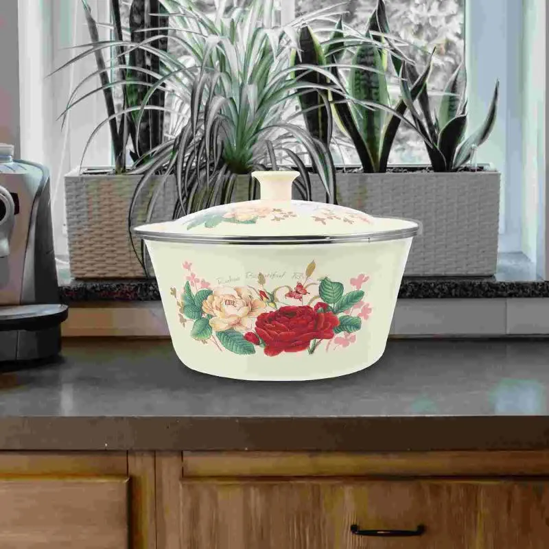 Enamel Double Boiler Pot with Lid, Retro Storage Basin Soup Bowl ...