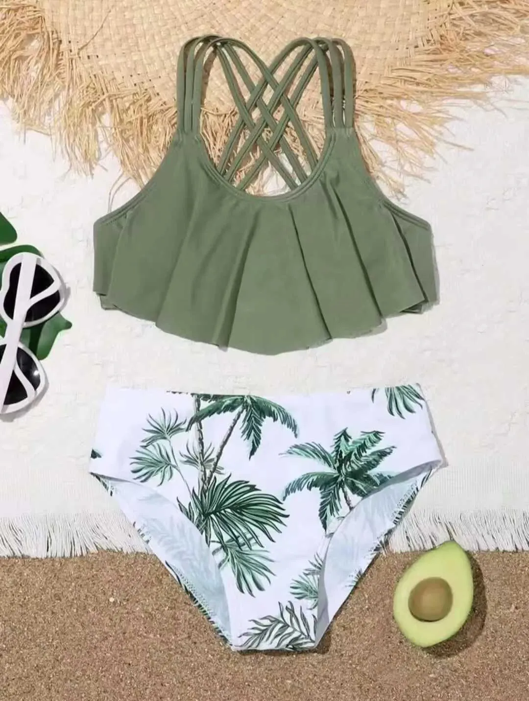 DHgate.com:Girls' Two-Piece Pleated Bikini Swimsuit with Coconut Palm ...