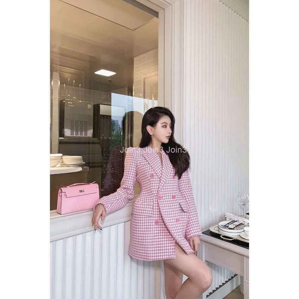 Houndstooth Blazer Womens Double Breasted Woolen Coat, Pink Plaid Grid ...