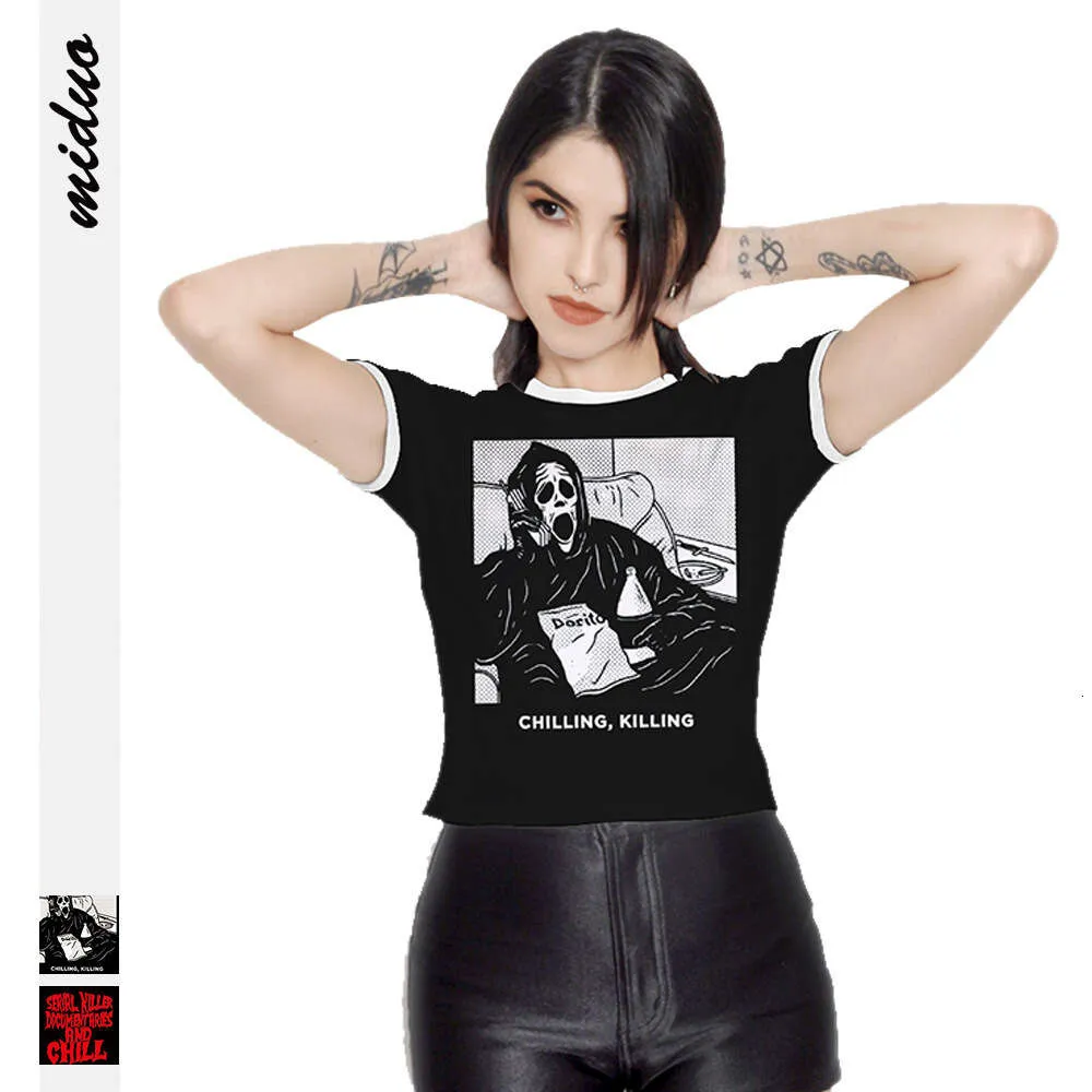 Edgy Graphic Print Tee: Women's Summer Short Sleeve Round Neck Cropped ...