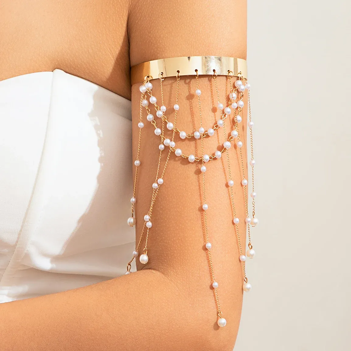 Punk Vintage Imitation Pearl Tassel Link Arm Bracelet for Women Open ...