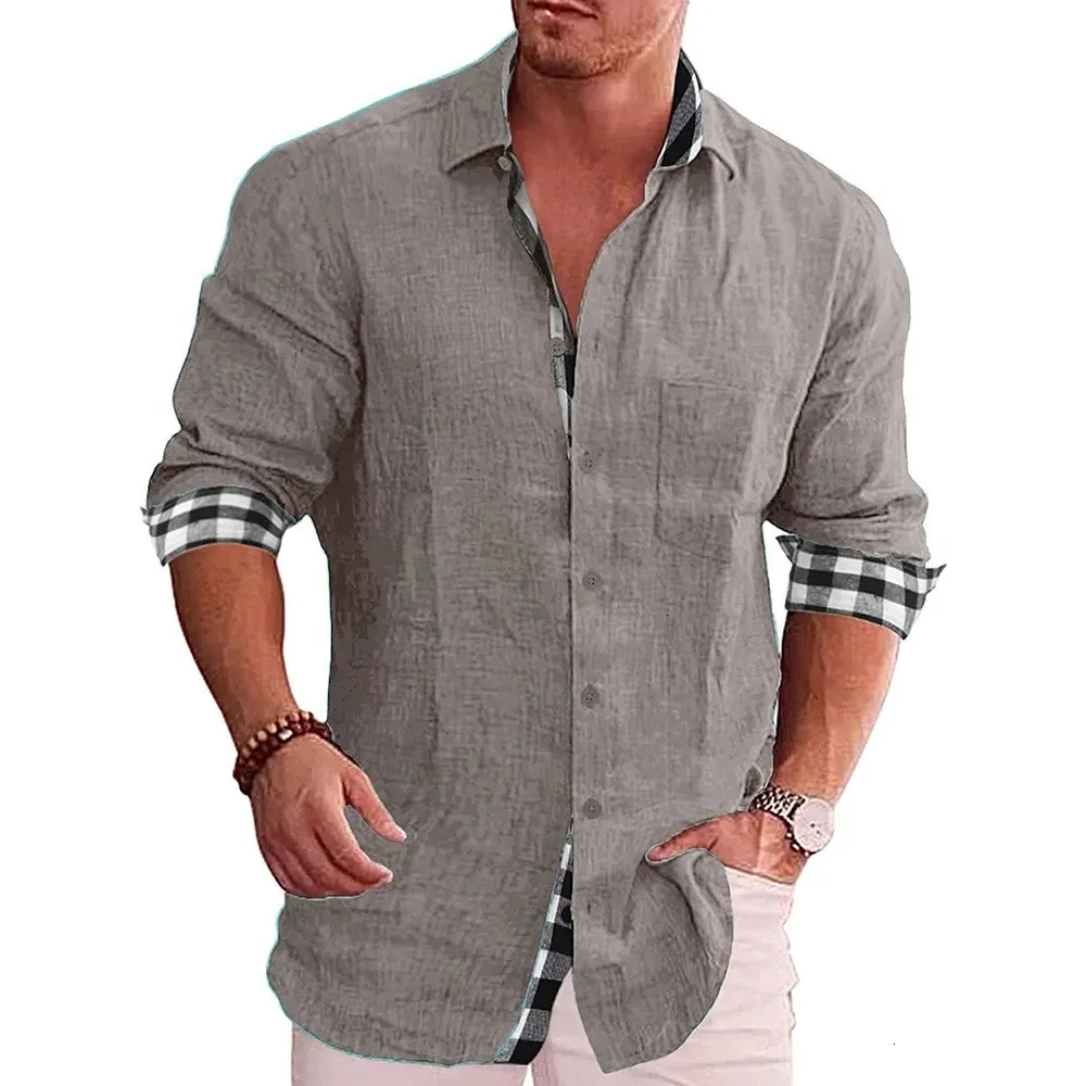 Linen Mens Long-Sleeved Shirt Solid Color Stand-Up Collar Casual Beach ...