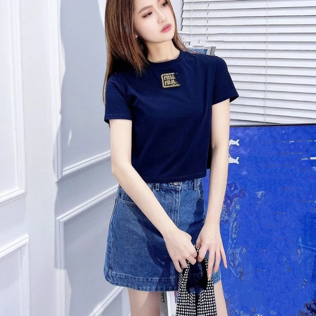 Women's O-Neck Short Sleeve Cotton T-Shirt with Gold Line Embroidery ...