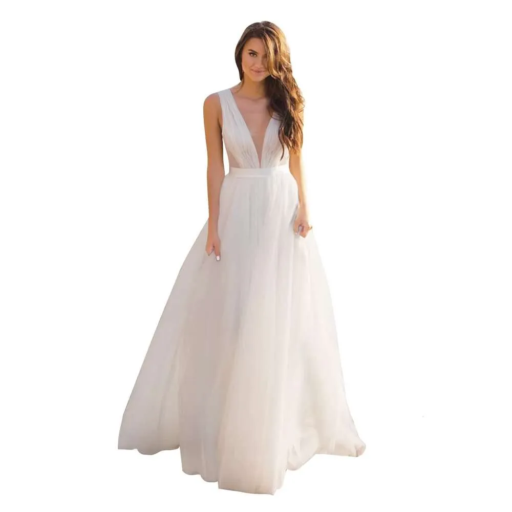 MARSEN Deep V Neck Backless A-Line Tulle Beach Prom Dress for Women ...