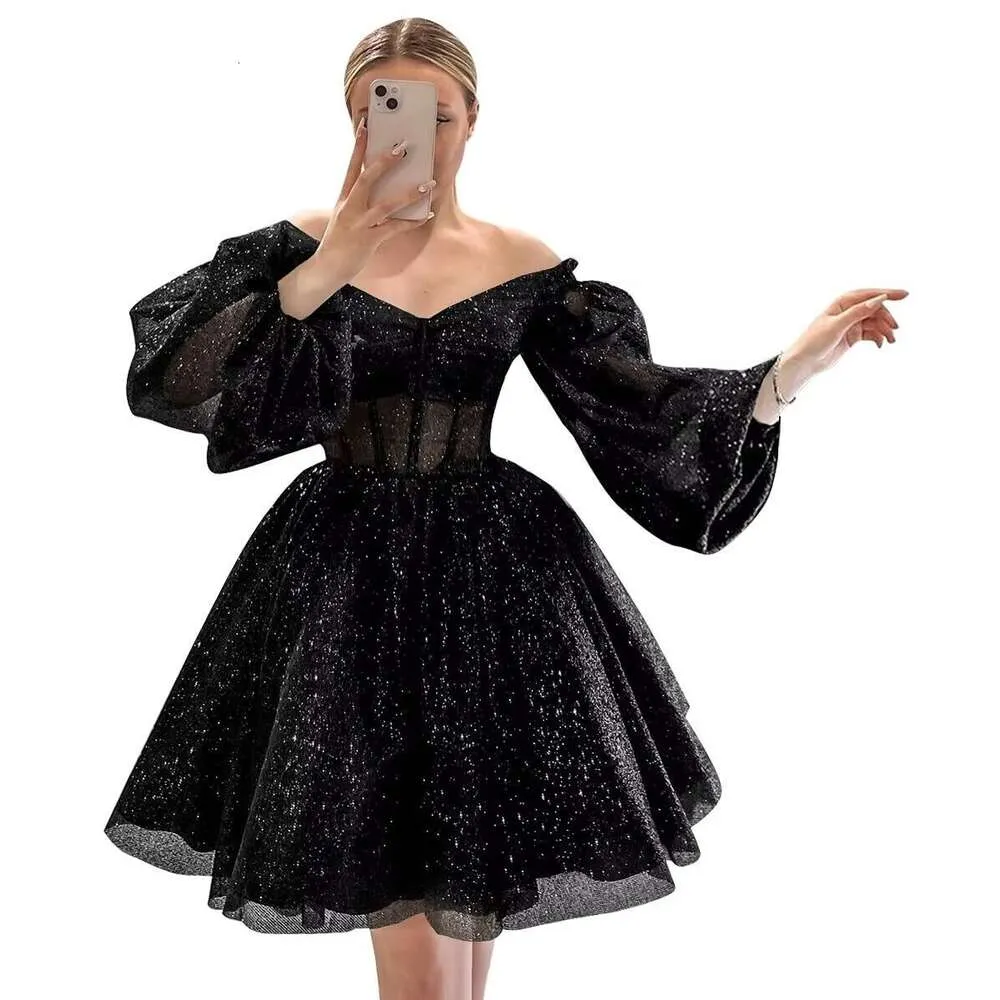 Sparkly Tulle Prom Short Dress: A-Line Tail with Long Puffy Sleeves ...