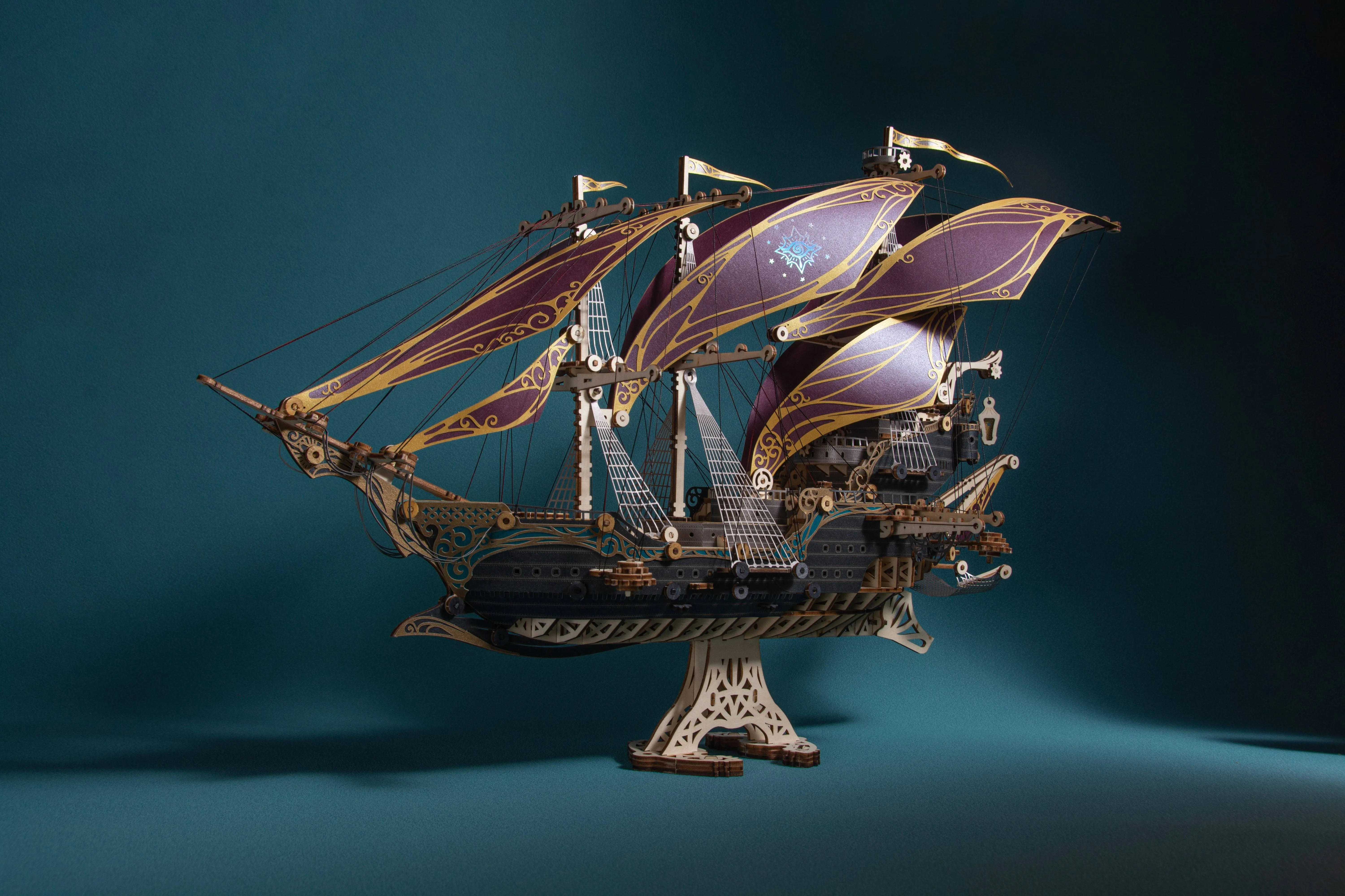 Wooden Pirate Ship 3D Puzzle Model with Steampunk Design Handmade ...