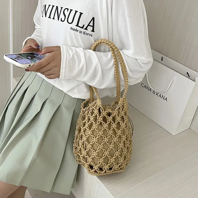 Women's Summer Mesh Rope Knitted Bucket Beach Bag - Reticulate Hollow ...