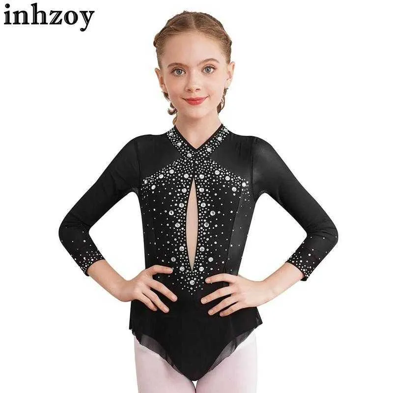 DHgate.com:Girls Shiny Rhinestones Sheer Mesh Figure Skating Gymnastics ...