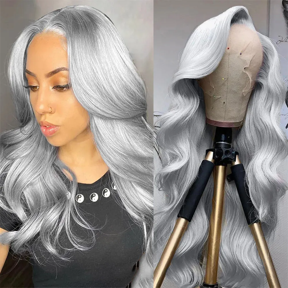 Glueless Brazilian Ombre Grey Human Hair Luvme Wigs With Bleached Knots Wavy Style