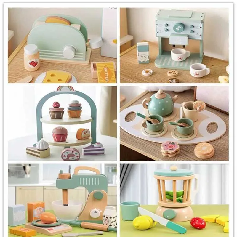Kitchen Play Food Set: Wooden Coffee Making Toy, Cake, Ice Cream, and ...