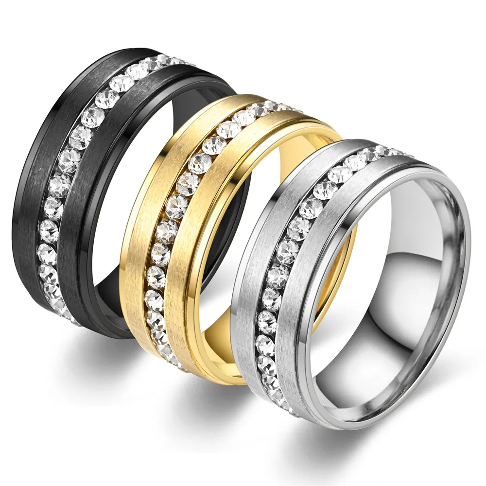 Diamond Row Stainless Steel Ring Band Matte Gold Crystal Finger Ring ...