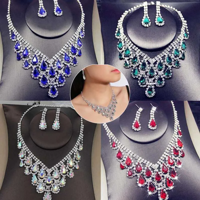 Exquisite Crystal Blue Red Bridal Jewelry Set Teardrop Necklace Earrings for Weddings and Parties