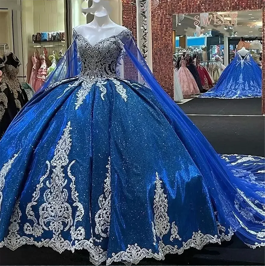 Off Shoulder Beaded Blue Sparkly Quinceanera Dresses With Cape And Appliques Customizable ...