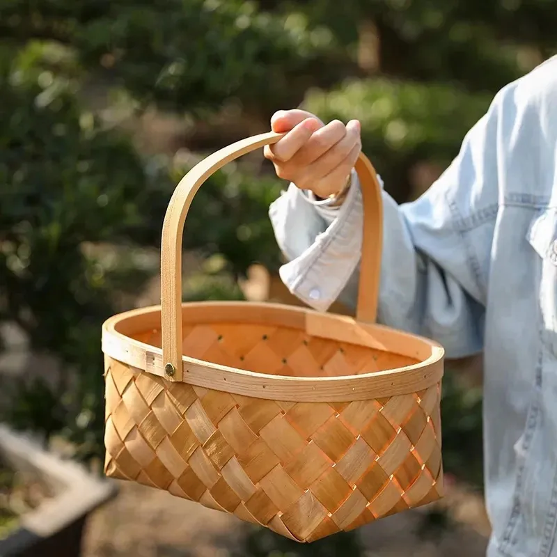 Fruit Carrying Basket Wooden Slice Woven Picnic Snack Decorative Flower ...