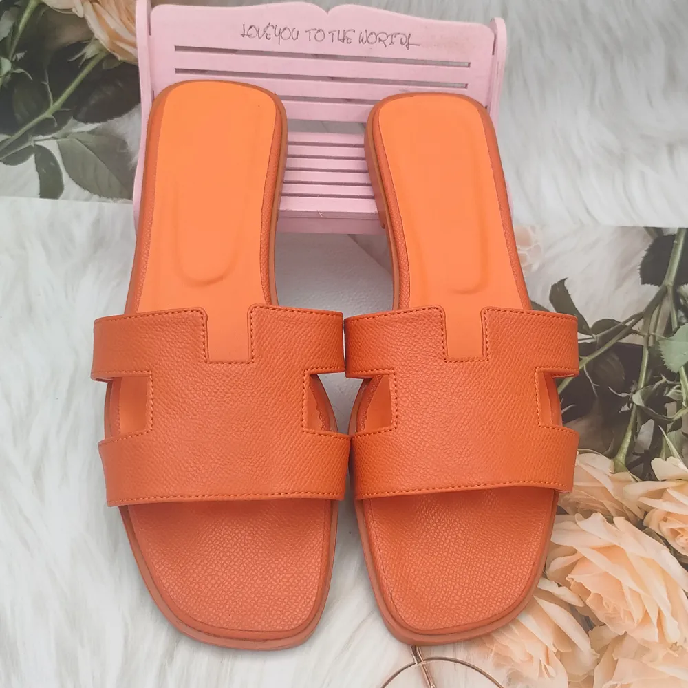 Designer Leather Slides H Sandals With Box Classic Flat Sandal For Men ...