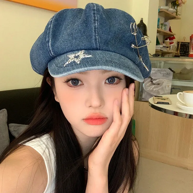 Y2K Rhinestone Star Denim Beret Versatile Caps For Women, Retro Denim ...